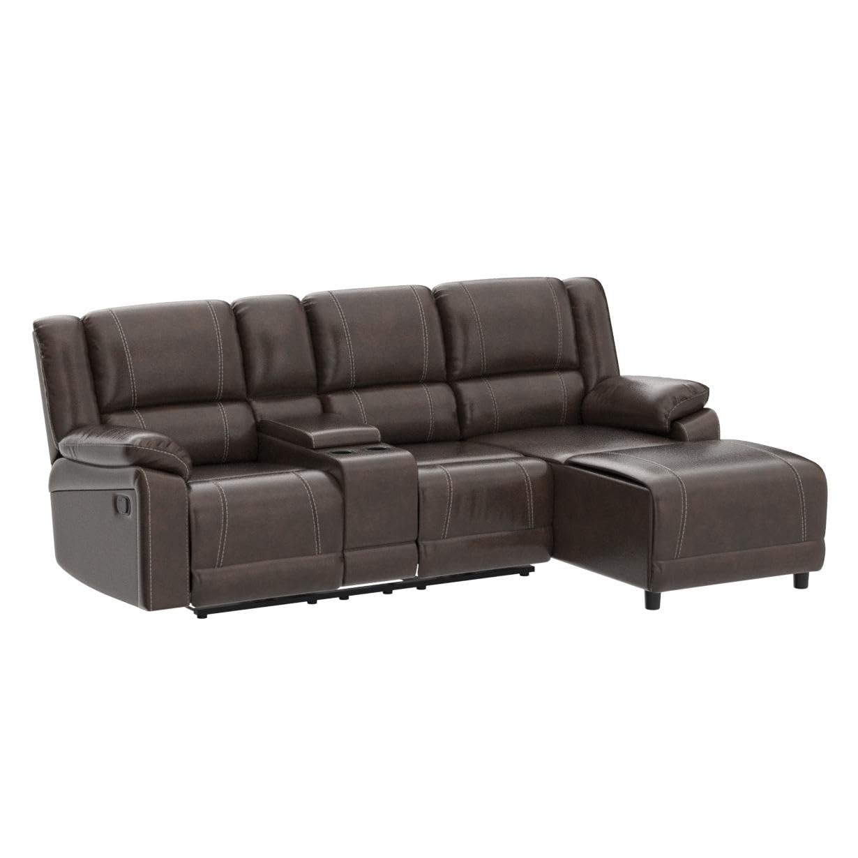 Plithzy Manual Recliner Sofa Couch with Chaise, Breathing Leather Reclining Sectional Sofa, Recliner Couch with Storage Console&Cup Holder for Living Room Apartment (121" Leather Sofa, Brown)