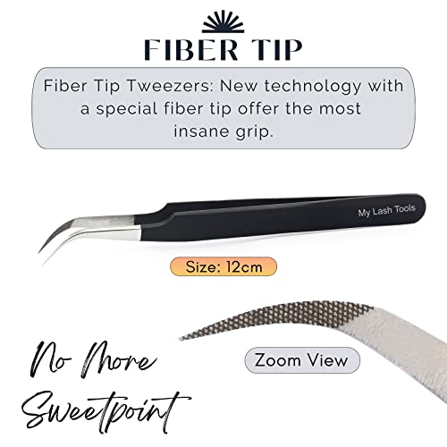 Cross Edge Corporation My Lash Tools Fiber Tip Eyelash Tweezers for Extensions Pro Volume, Isolation & Classic False Lashes Stainless Steel Straight and Curved Set (2 Pieces, 5) (CEC-TWEEZERSSETSBLK)