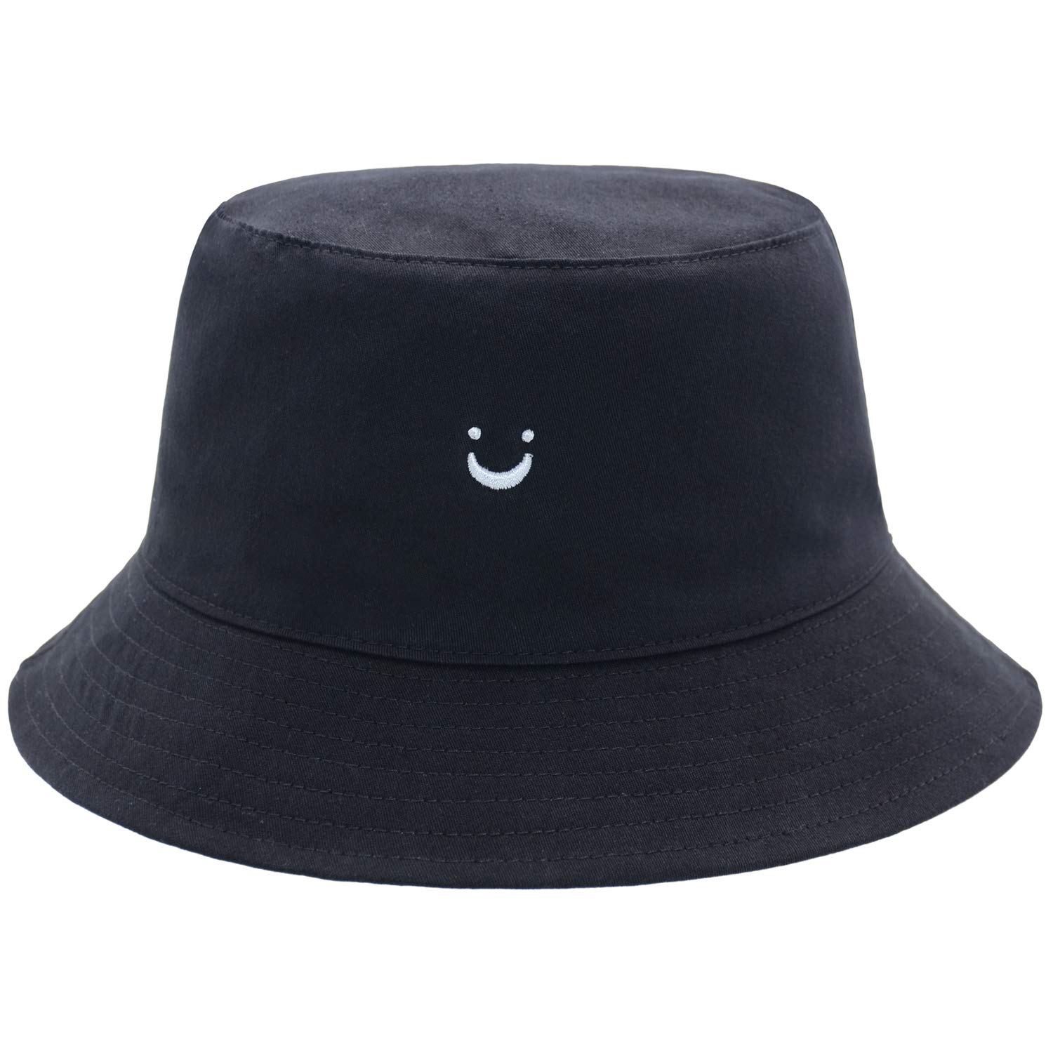 Bucket Hat Unisex 100% Cotton Smile Face Embroidery Reversible Hat Travel Bucket Beach Sun Hat Outdoor Cap