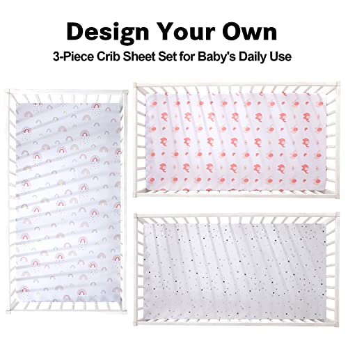 Plushii Crib Sheets for Baby Girls 3 Pack, 28"x 52" Extra Soft Microfiber Crib Sheet Set for Baby Crib Mattress Sheet & Toddler Mattress Pad, Rainbow & Elephant & Stars