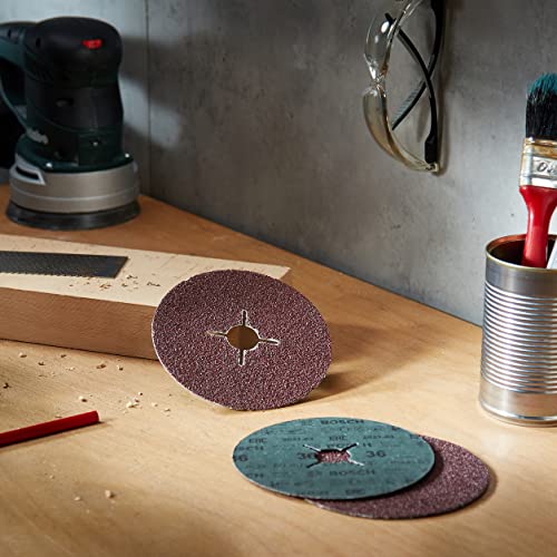 Bosch 2609256250 Fibre Sanding Disc for Angle Grinder Clamped for Wood and Metal 125 mm Disc, 22 mm Bore, 36 Grit