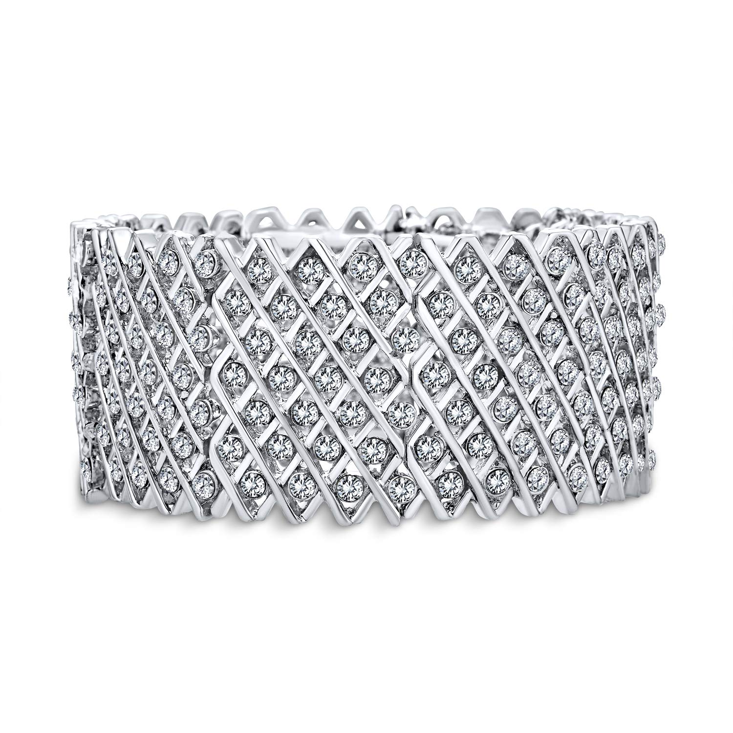 Bling Jewelry Brides Wedding Fashion Wide Silver Plated White Crystal Encrusted Statement Stretch Bracelet for Women Teens Prom Adjustable