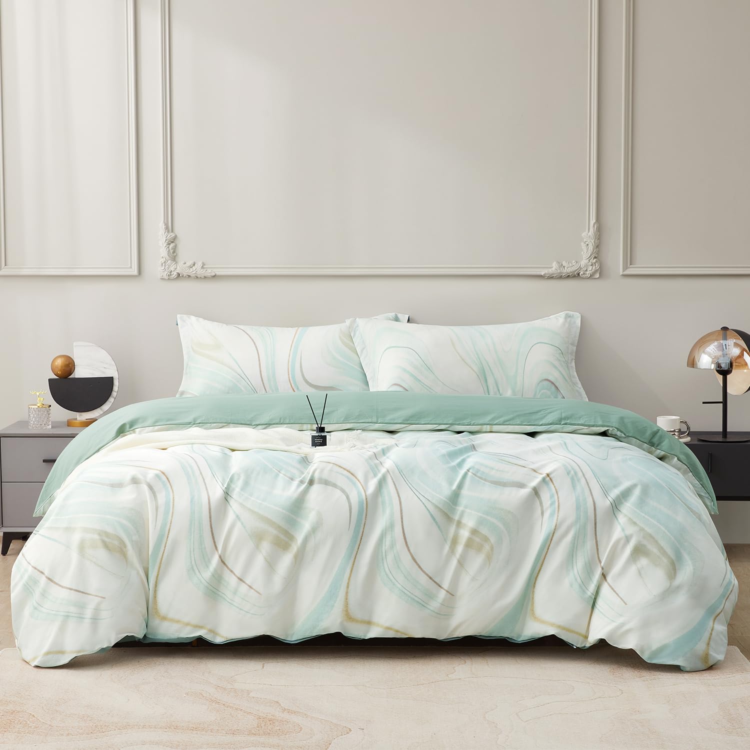 SAPHREAS Home Green Marble Pattern Duvet Cover Set Queen Size Tie-Dye Bedding Set 3 Pieces Soft Cotton 1 Duvet Cover with Zipper 2 Pillowshams