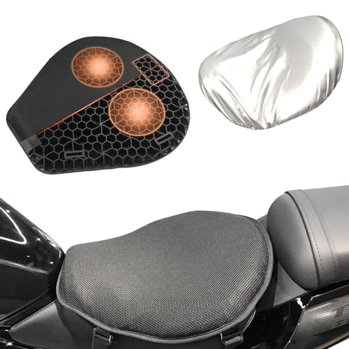 FQMY Motorcycle Gel Seat Cushion with Seat Pad Sunshade Cover, Large 3D Honeycomb Motorcycle Seat Cover, Breathable Shock Absorption Reduces Motorcycle Gel Seat Pad for Comfortable Long Rides