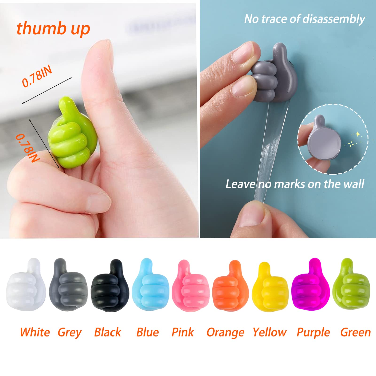 feliposi 24pcs Thumb Hooks - Thumbs up Wall Hook Self Adhesive Silicone Thumb Wall Hooks Adhesive Cable Clip for Storage Cable,Headphone,Plug