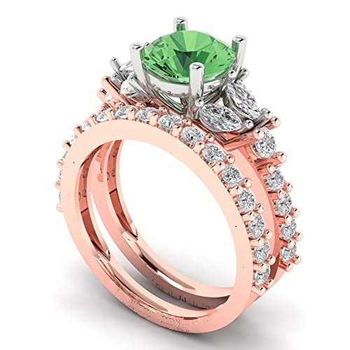 Clara Pucci 2.82 ct Round cut Solitaire 3 stone Green Simulated Diamond Art Deco Statement Wedding Ring Band Set 18K Rose White Gold 6.75