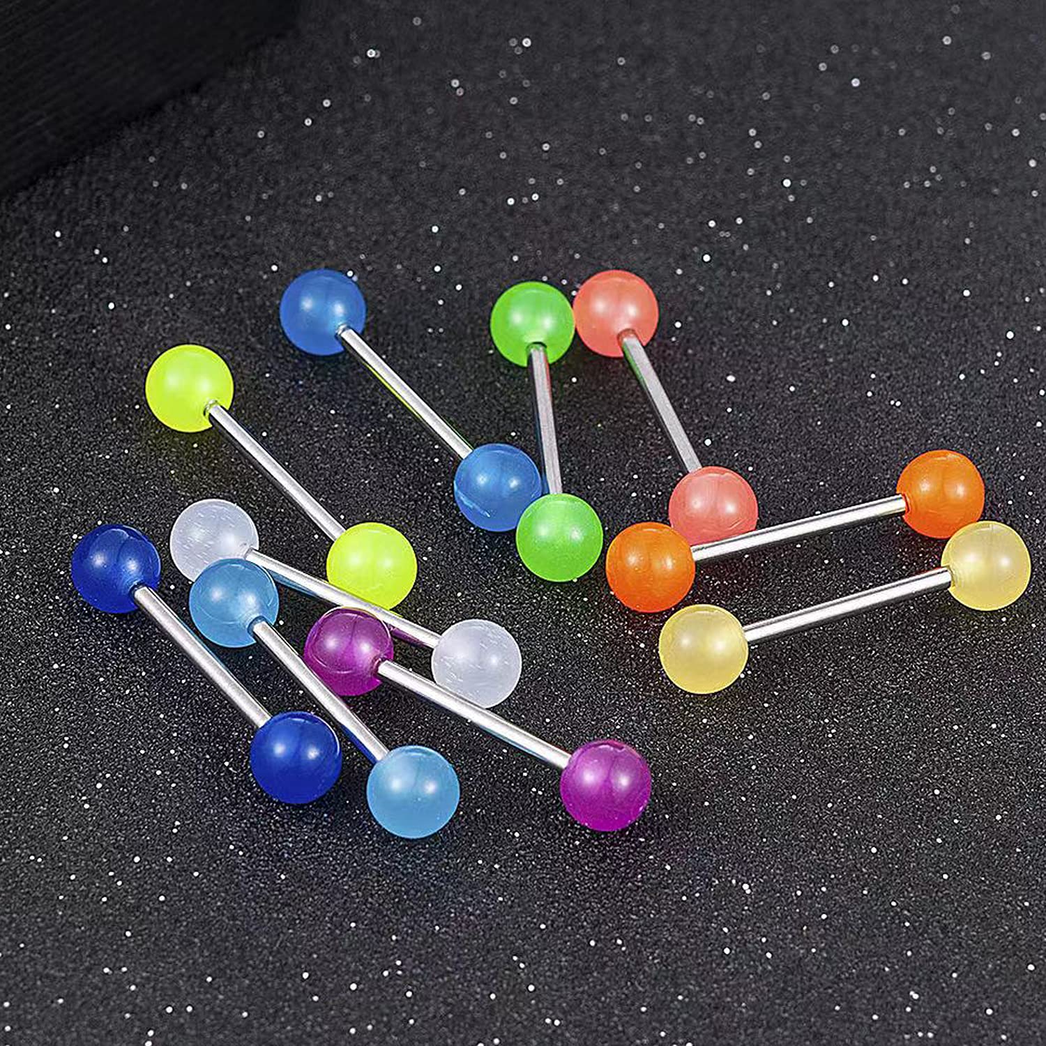 CHARMONLINE Tongue Rings Barbell Nipple Bars 12Pcs Glow in The Dark 14G Bioflex Acrylic or Stainless Steel Piercing Rings Jewelry