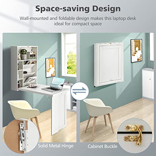 GOFLAME Wall Mounted Desk, Folding Floating Desk with 3-Tier Tilt Storage Partition and Adjustable Shelves, Space-Saving Fold up Desk Laptop Desk, Convertible Writing Desk for Home Office (White)