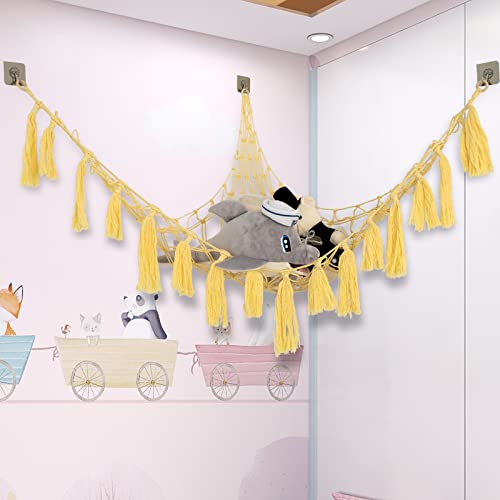 YELIENM Stuffed Animals Net or Hammock with LED Light, 59 inch Toy Hammock Net for Stuffed Animals Corner Hanging Stuffed Animal Storage Stuffed Animal Holder for Nursery Kids Bedroom (Yellow)…
