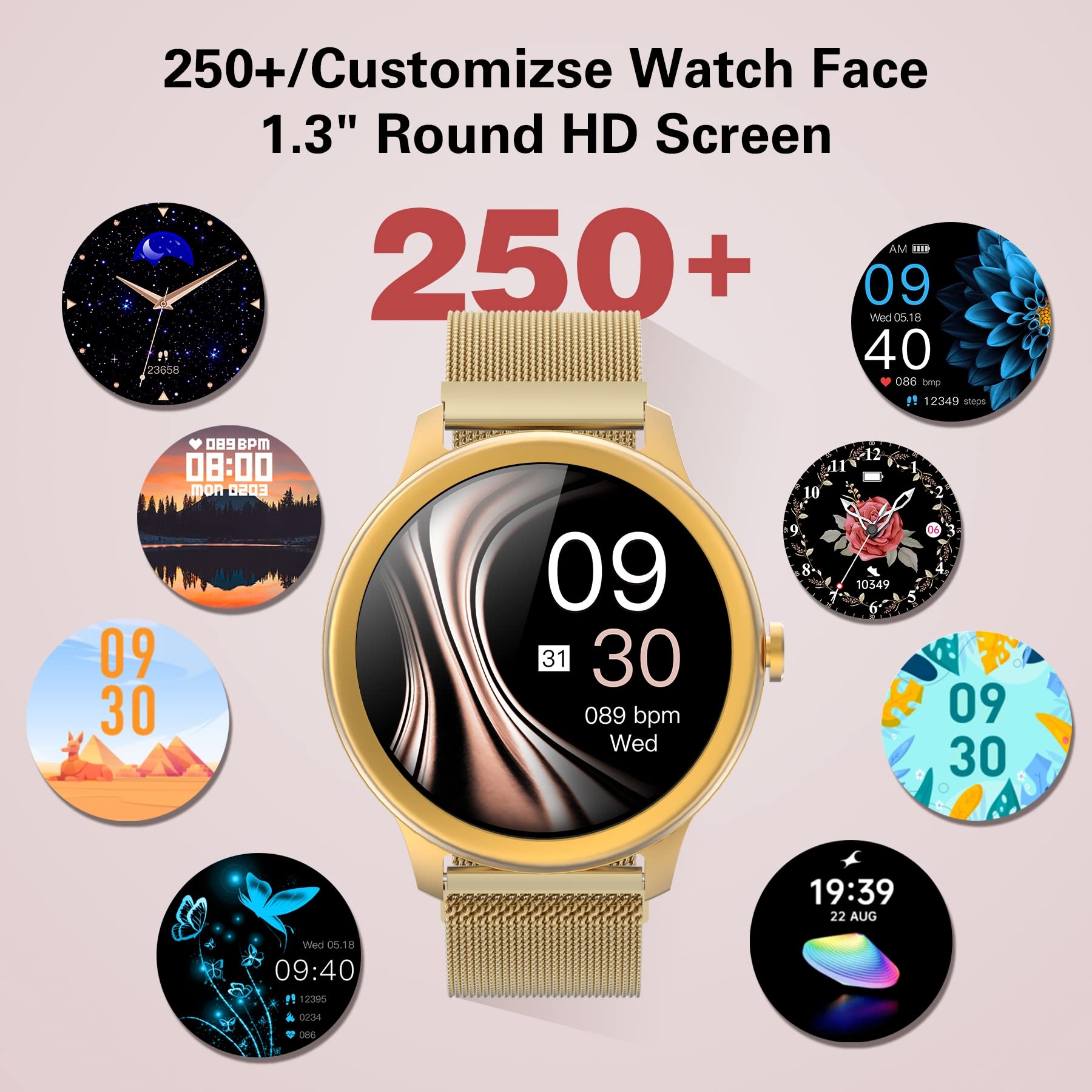 BRIBEJAT Smart Watch for Women Compatible Samsung iPhone Android Phones(Dial/Answer Calls) Voice Assistant, Aluminum Case, Gold