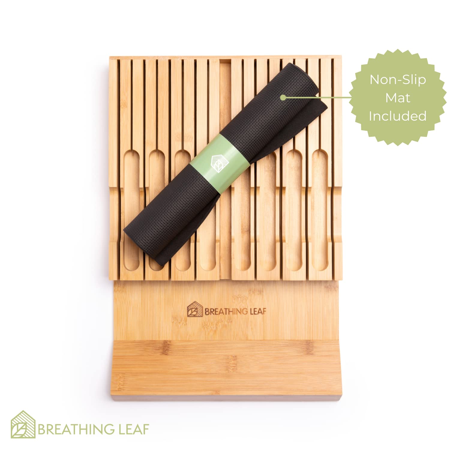 Drawer Knife Organizer - Bamboo Knife Block Insert - Holds 16 Knives + 1 Knife Sharpener (Knives Not Included) - Reliably Store, Secure & Organize Your Kitchen Knives In Cabinet - Free Up Counterspace