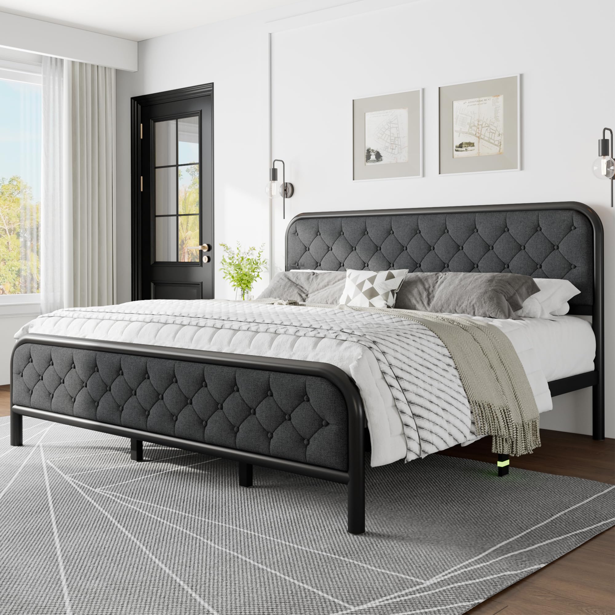 Feonase Full Size Bed Frame, Upholstered Metal Bed Frame with Liene Tufted Headboard, Heavy Duty Metal Slats, 12" Storage Space, No Box Spring Needed, Easy Assembly, Linen Gray