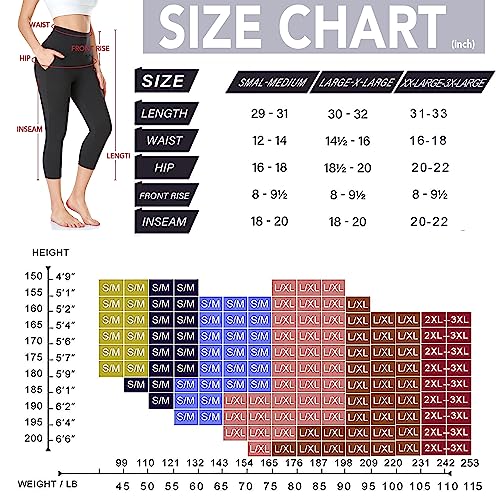 NEW YOUNG 3 Pack Capri Leggings for Women with Pockets-High Waisted Tummy Control Black Workout Gym Yoga Pants