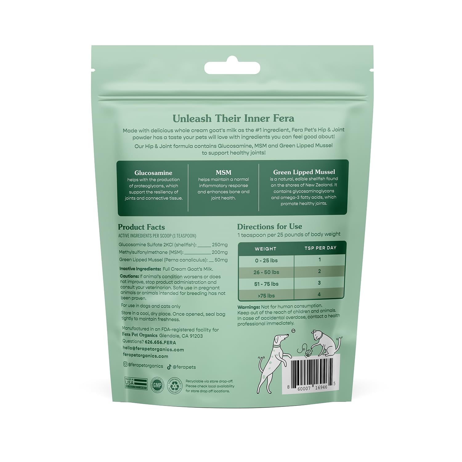 Fera Pet Organics Hip & Joint Goat Milk Cat & Dog β Vet Created - Joint Supplement for Dogs & Cats β Glucosamine for Dogs & Cats, MSM- 60 Servings