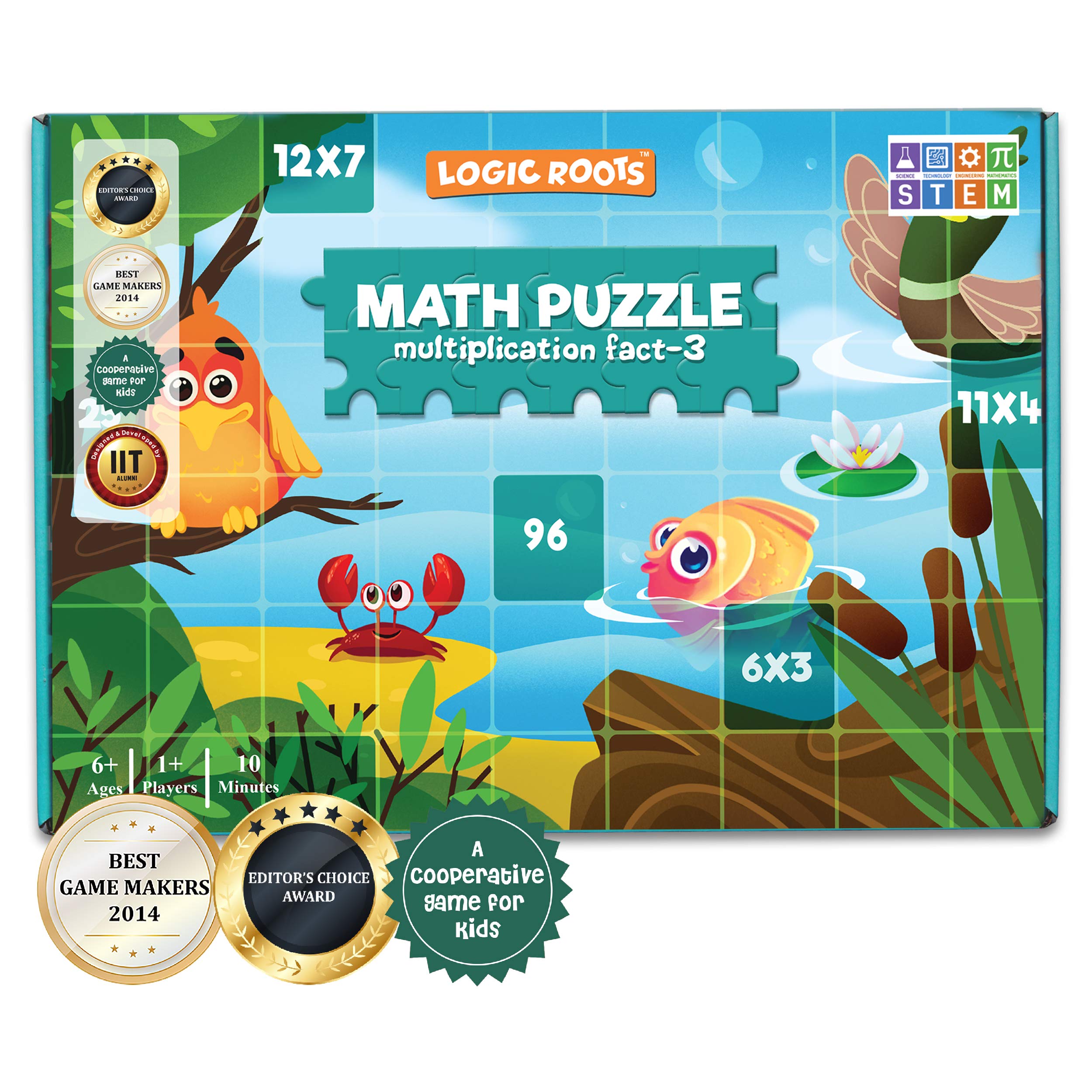 Logic Roots Math Puzzle for Kids - Multiplication Table 10-12 Practice, Fun STEM Toy for 7-8 Year Olds, 4 Foam Puzzles with 10 Pieces Each, Learning Gift for Kids, Homeschoolers, Grade 1 and Up