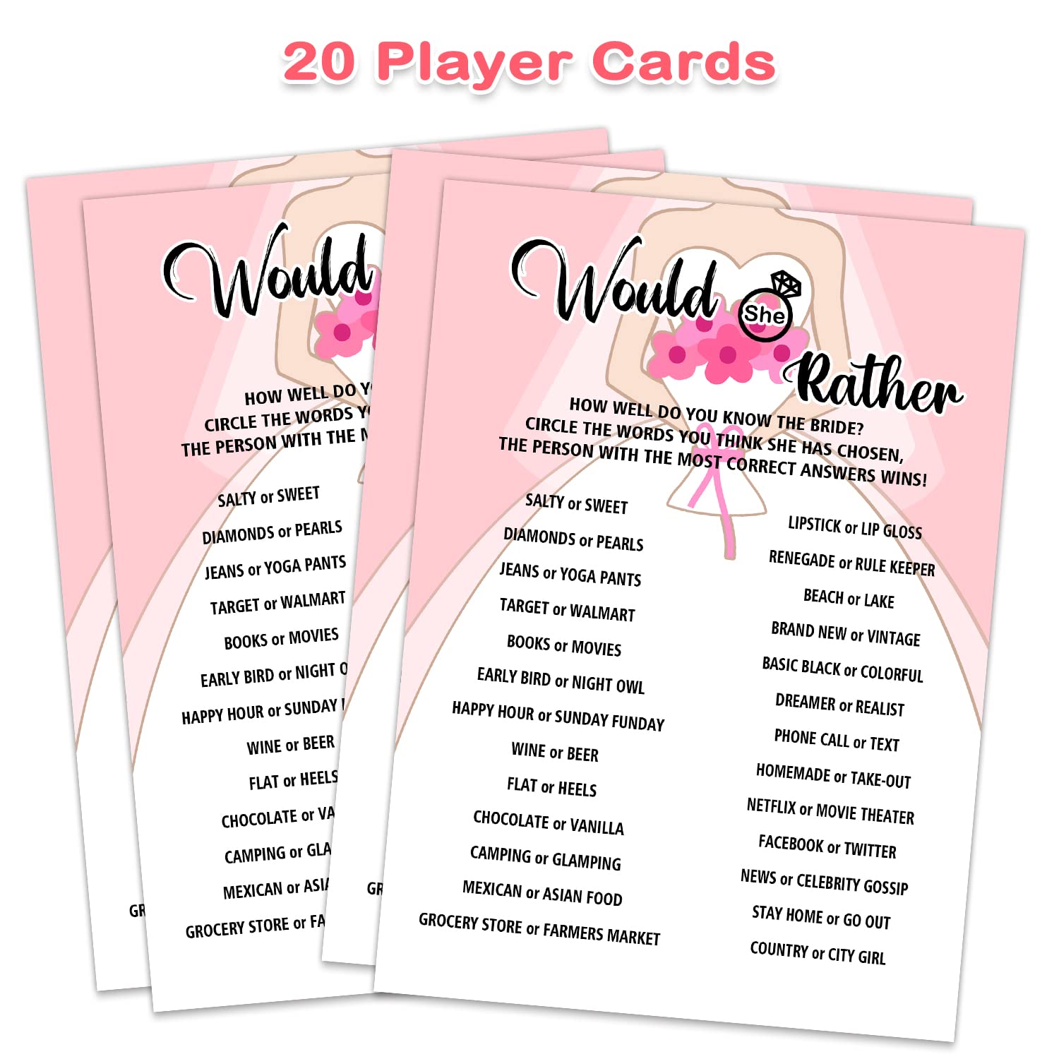 Bridal Shower Game Cards, Would She Rather Game,Wedding Party Games, Bridal Shower Decorations, Gift – 20 Cards per Set- Fun, Unique and Easy to Play