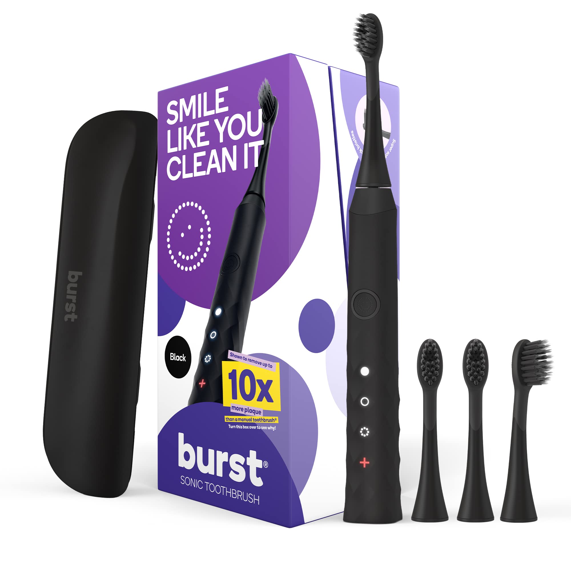 Burst Electric Toothbrush Essentials Set – Oral Care Bundle with Sonic Toothbrush (Black Color), 4 Replaceable Brush Heads (1 Year Supply) & Travel Case – Gift Set for Men & Women
