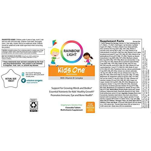 Rainbow Light Multivitamin for Kids, Vitamin C, Zinc, & B Complex, Support for Growing Minds & Bodies, Gluten Free, Vegetarian, Fruit Punch, 90 Tablets