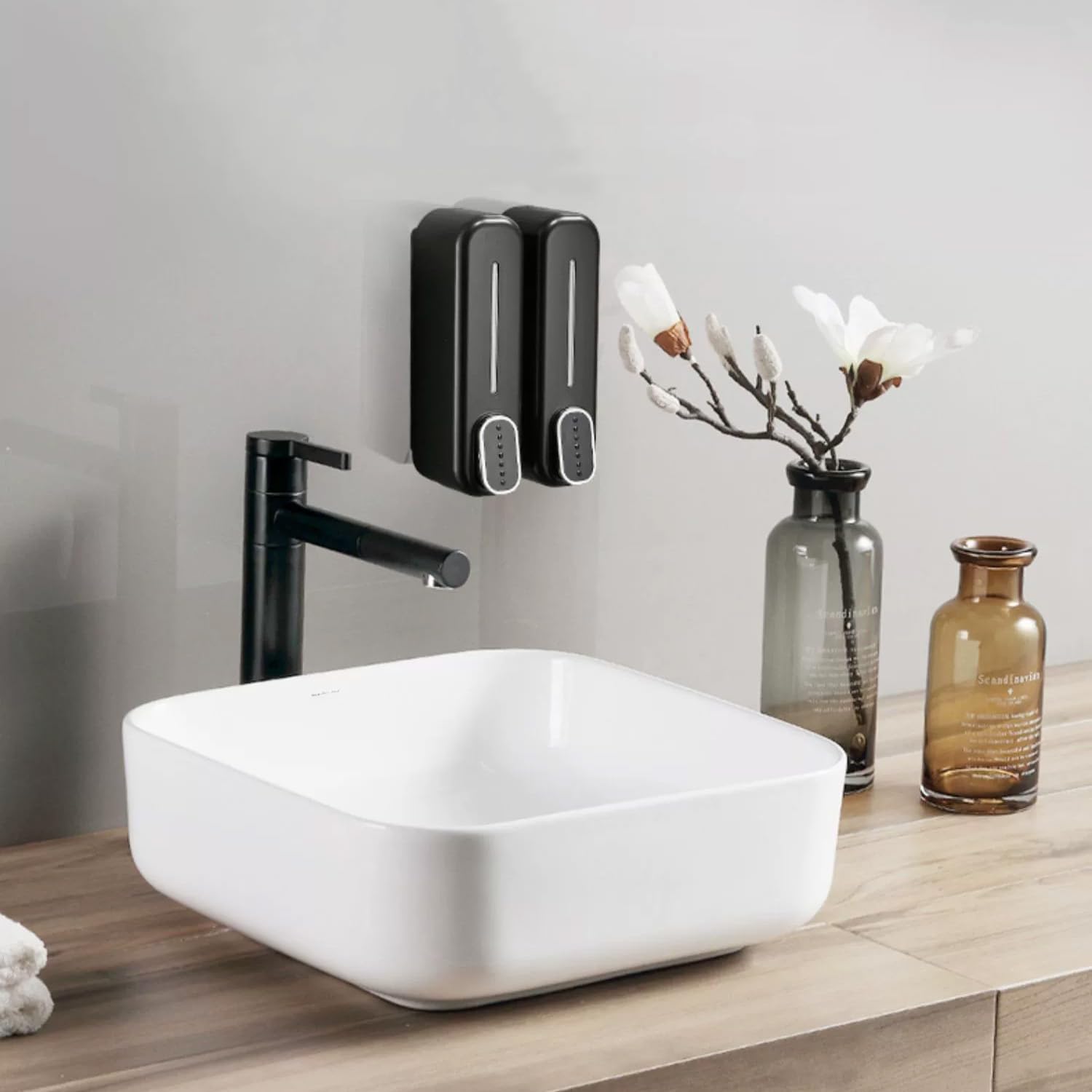 Wall Mounted Soap Dispenser 300ml Drill Free with Adhesive Manual Liquid Hand Soap Box Shower Shampoo Conditioner Dispenser for Toilet Bathroom Hotel Kitchen(Black)