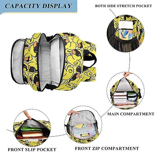 JHKKU Yellow Rubber Duck with Sunglasses School Backpack for Boys Girls Portable Wide Shoulder Strap Elementary School Bag Lightweight Travel Daypack with Reflective Strip