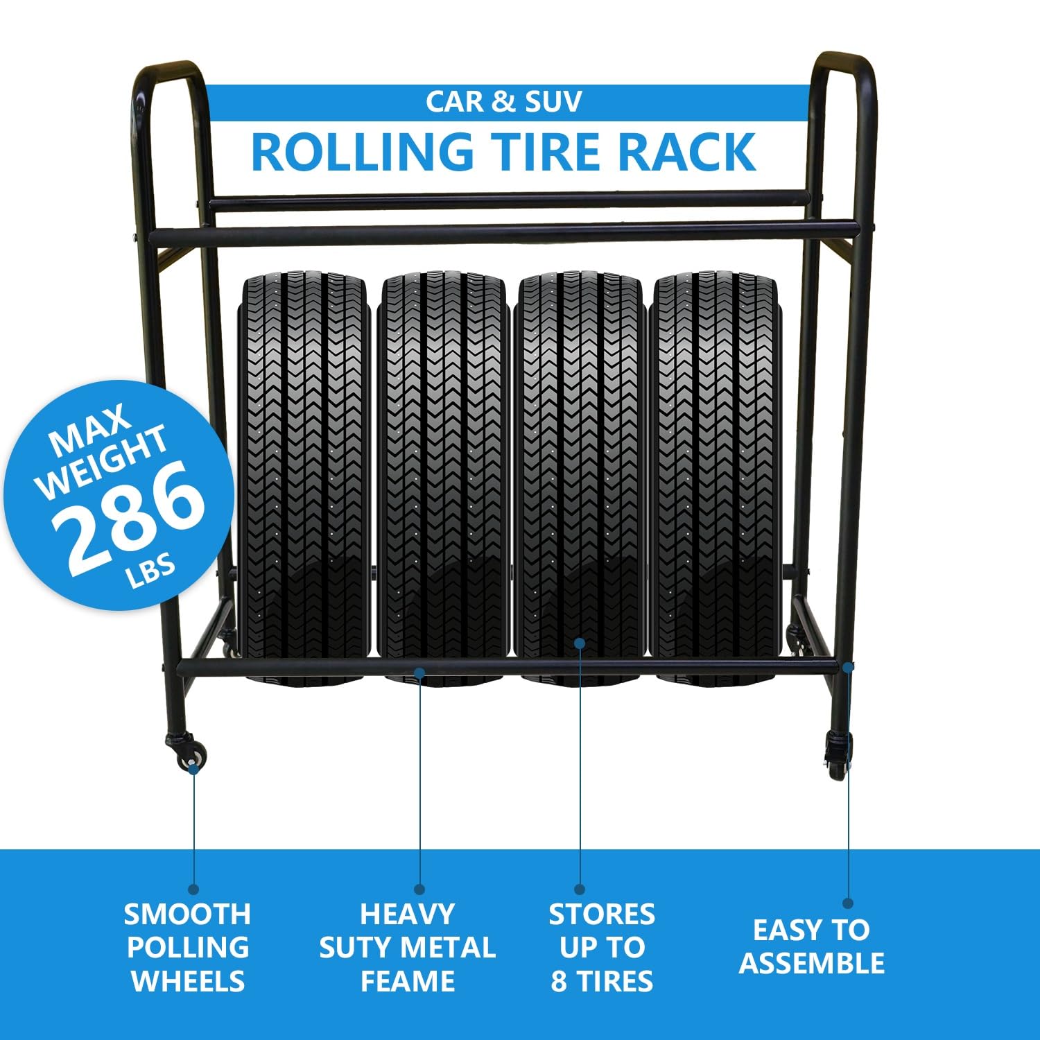 DIYTUNINGS Rolling Tire Cart Rack Organizer, Heavy Duty Mobile Tire Holder for Garage Storage, Adjustable Tire Stand Indoor/Outdoor with 2 Universal Wheels Shelves
