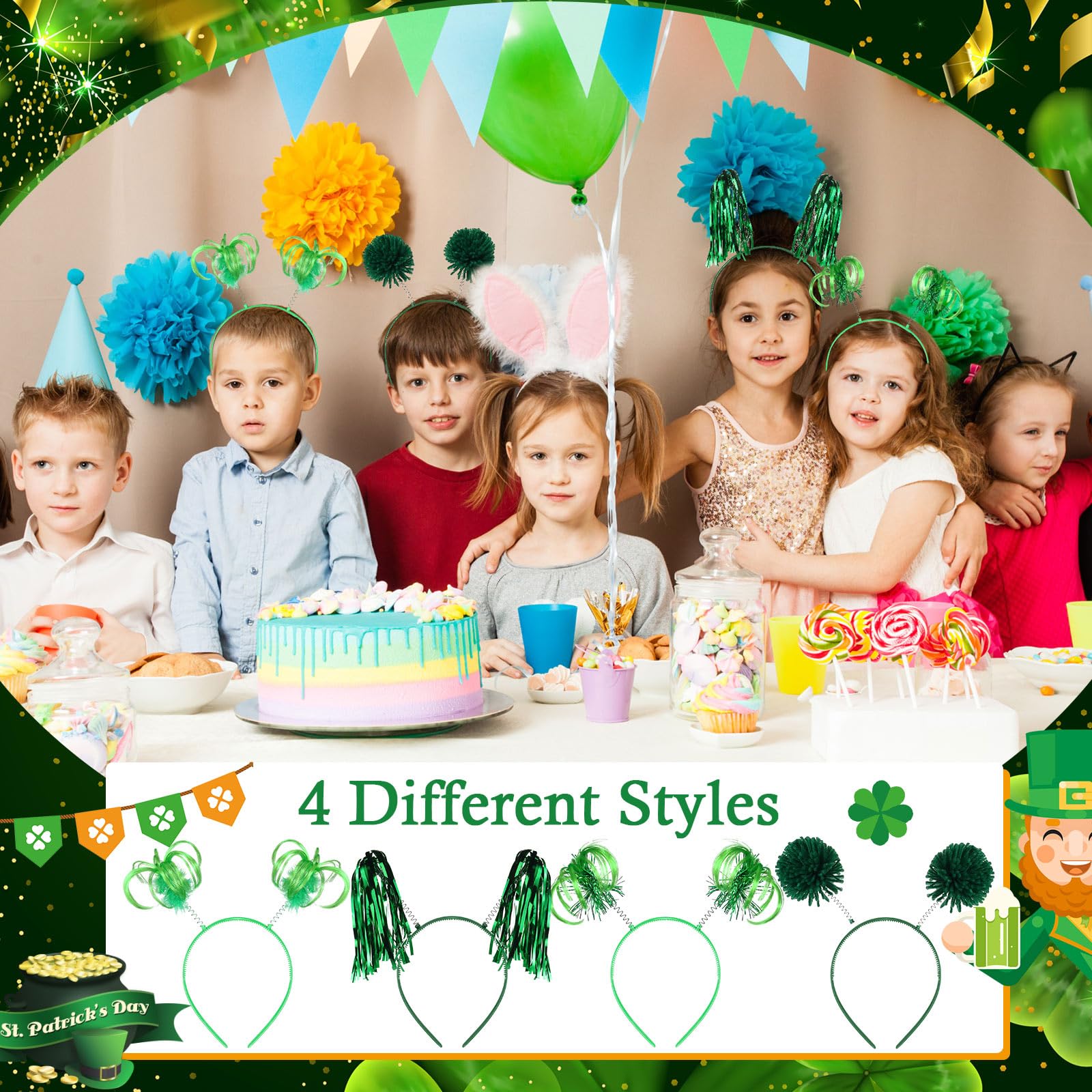 Censen 24 Pcs Pom Pom Headband Tinsel Wrapped Ponytails Head Bopper Headwear Hair Accessories Party Costume(Green)