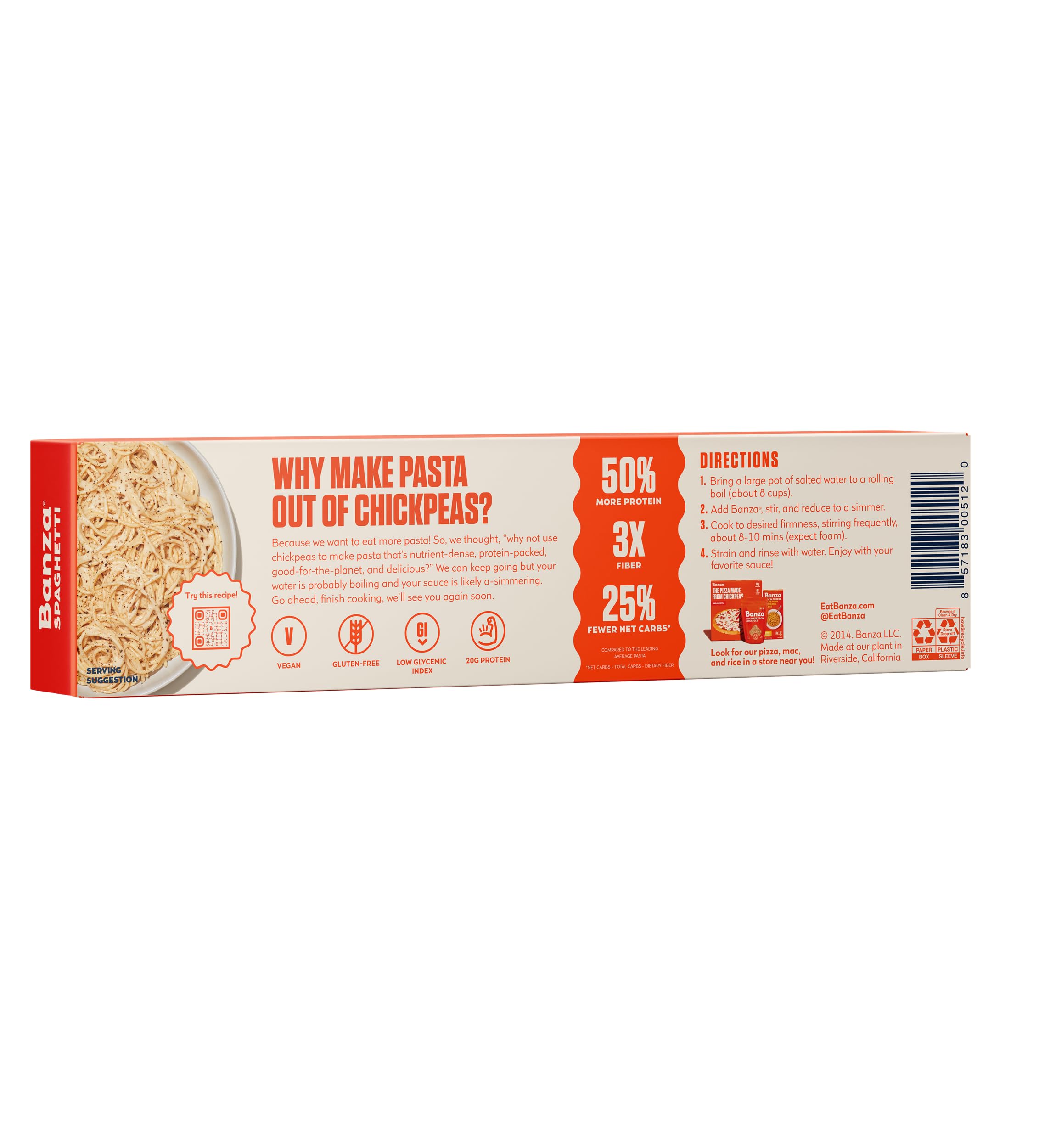 Banza Spaghetti Pasta from Chickpeas - Gluten Free, High Protein, and Lower Carb Protein Spaghetti Chickpea Pasta - 8oz