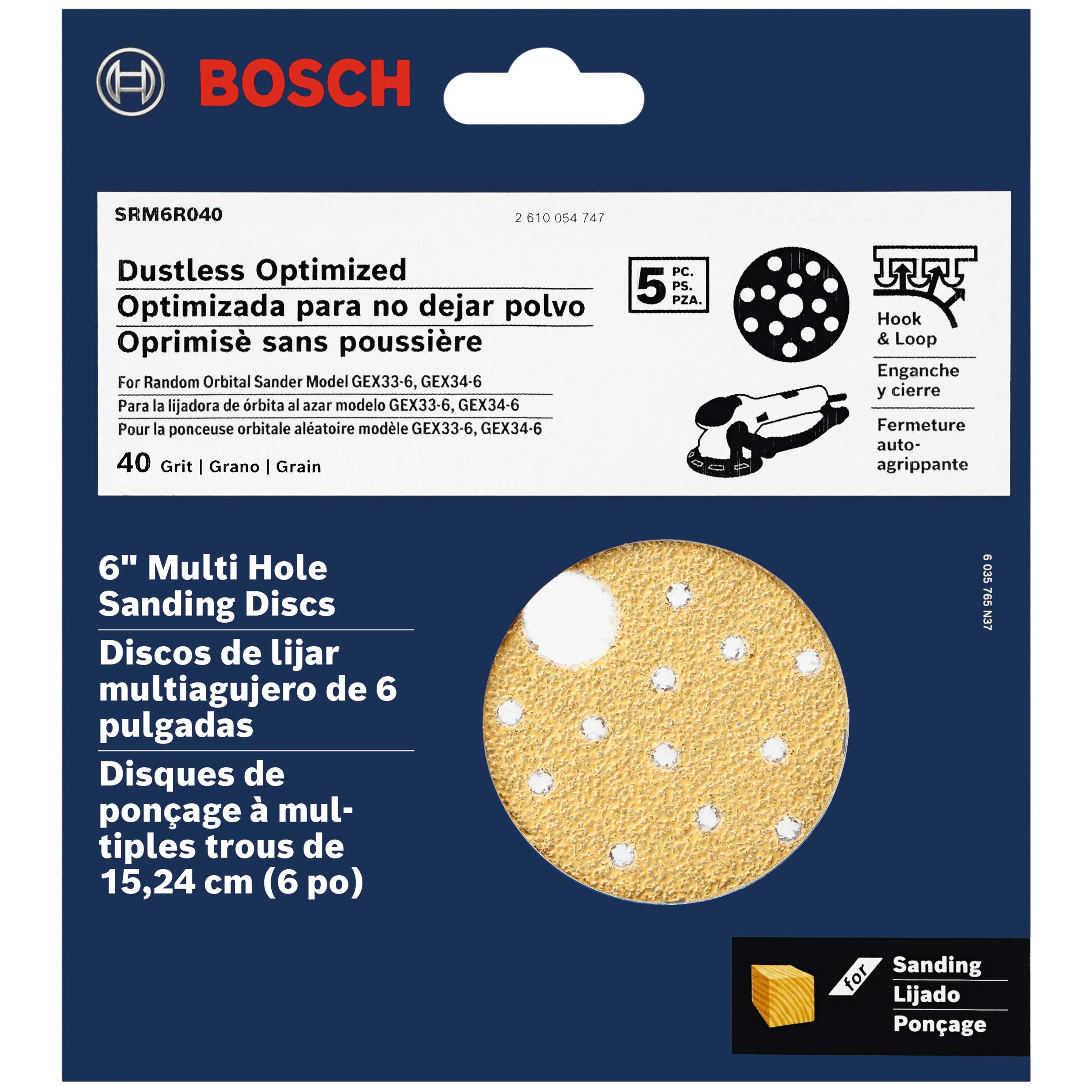 Bosch SRM6R040 5 pc. 6 in. 40 Grit Multi-Hole Hook-and-Loop Sanding Discs