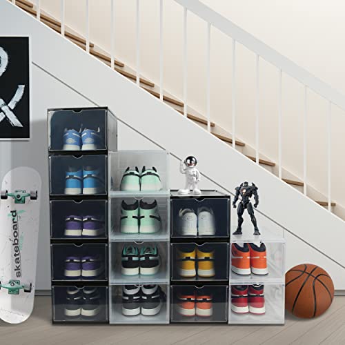 Hrrsaki 8 Pack Shoe Storage Box, Drop Front Shoe Boxes,Shoe Box Clear Plastic Stackable, Shoe Storage Box and Shoe Organizer for Display Sneakers,Easy Assembly,Fit up to US Size 12(13.4”x 10.7”x 7.2”) - Black