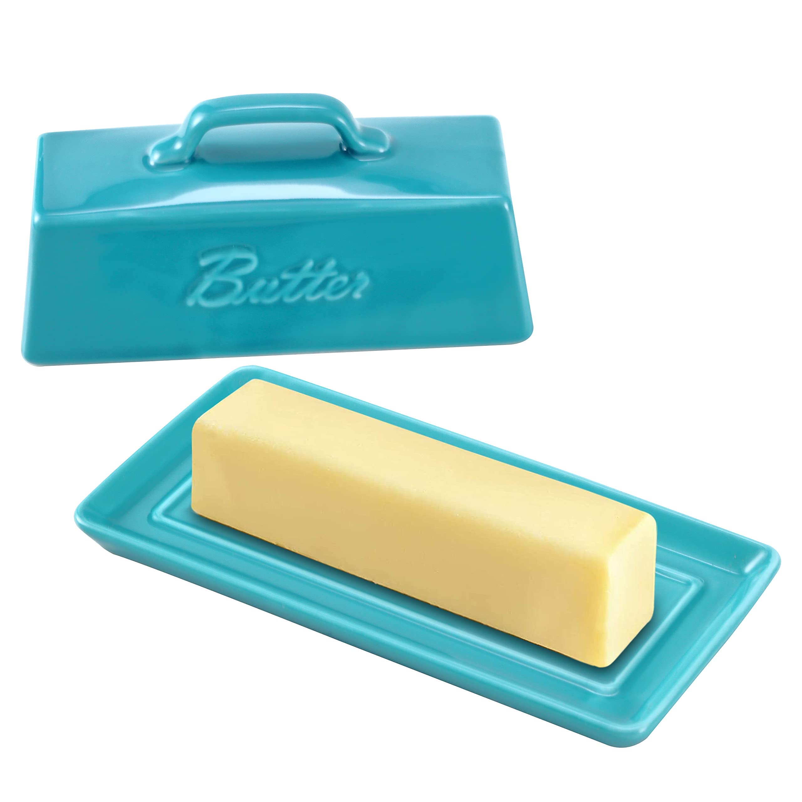 Bruntmor Porcelain Butter Keeper With Handle Cover, French Butter Dish Ceramic Butter Holder Container for Countertop, Butter Dish with Lid, Teal