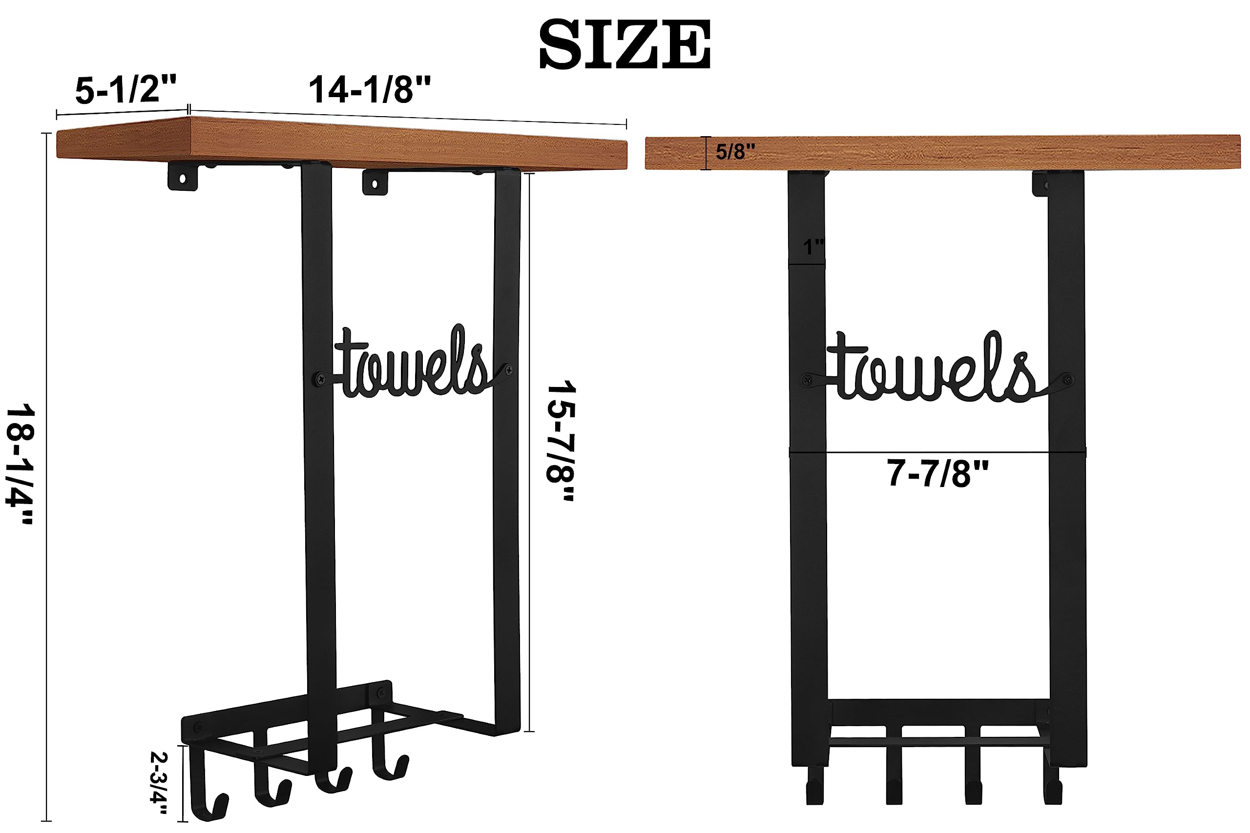 Towel Holder Bathroom Storage with Wooden Shelf and 4 Hooks Towel Rack Wall Mounted for Rolled Towels Towel Organizer for Narrow Bathroom Accessories and Decor