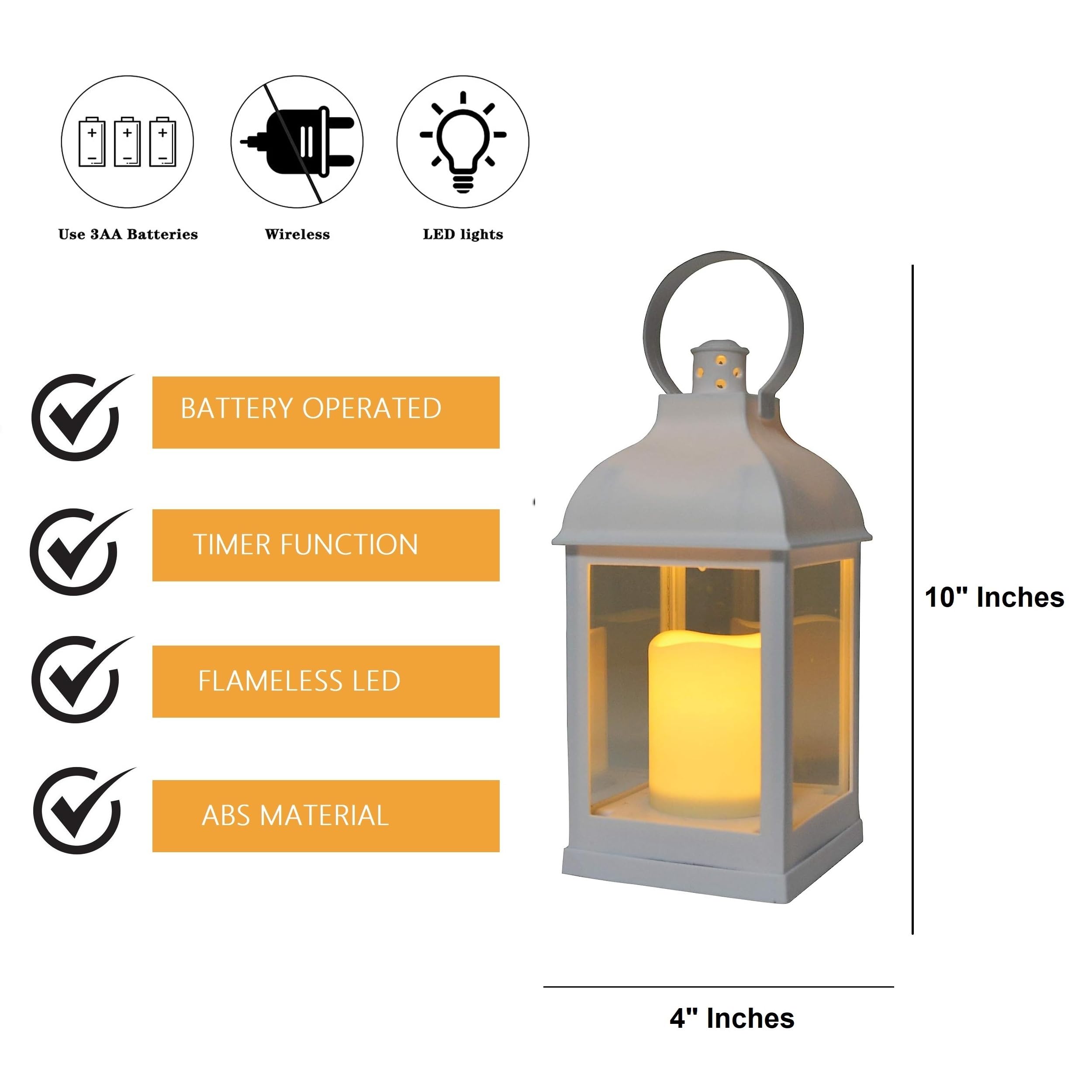 Just in Time for Winter (12 Pc Set) 10" Decorative Lanterns with Flameless LED Lighted Candle, 5 Hr Timer, Antique Look Indoor Outdoor Home, Garden, Weddings - White. Includes Bonus String Lights!