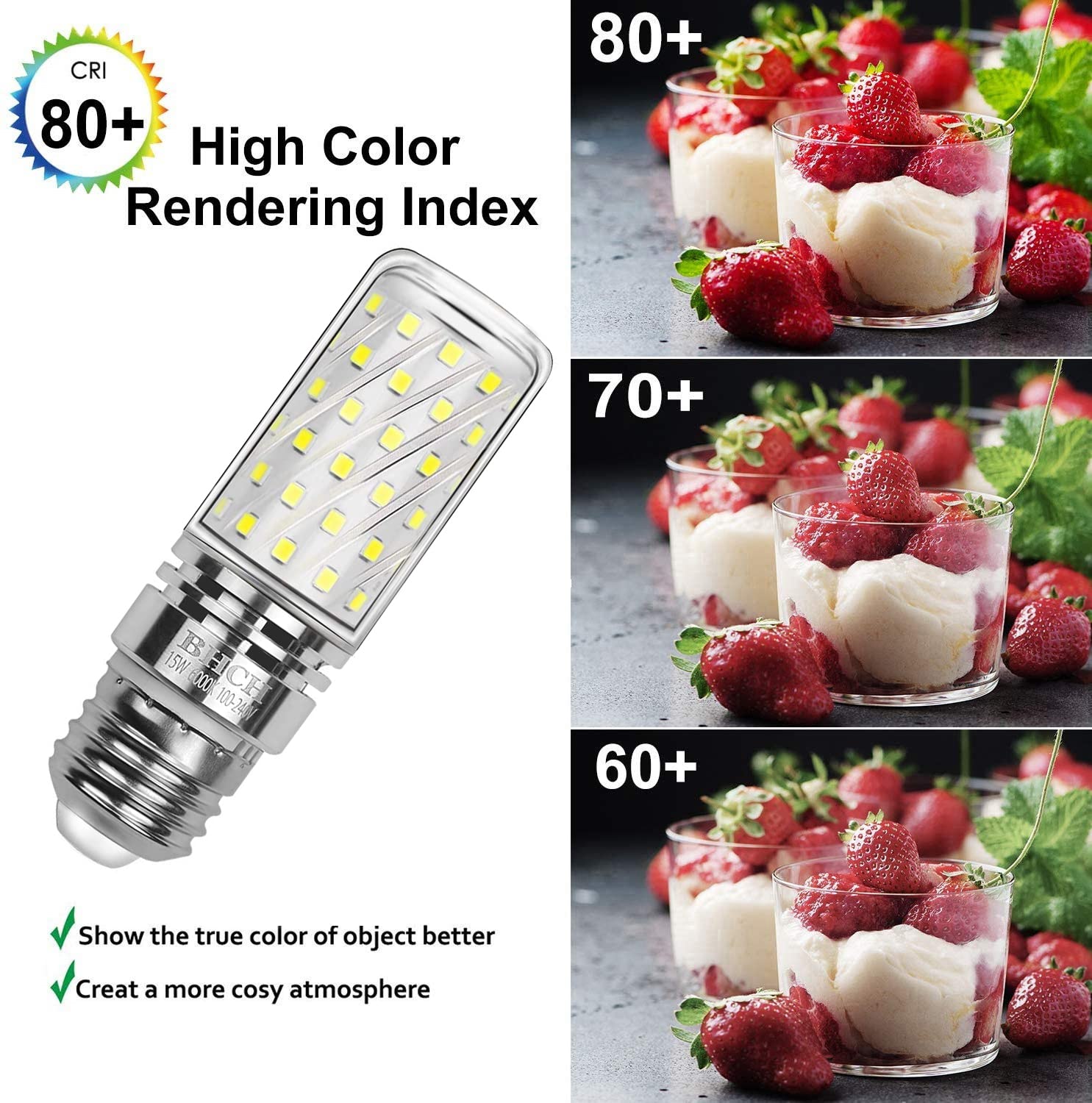 BHCH E26 LED Corn Bulbs 15W,6000K Daylight White,1500LM,Edison Screw Bulbs,120W Incandescent Bulbs Equivalent,Pack of 4