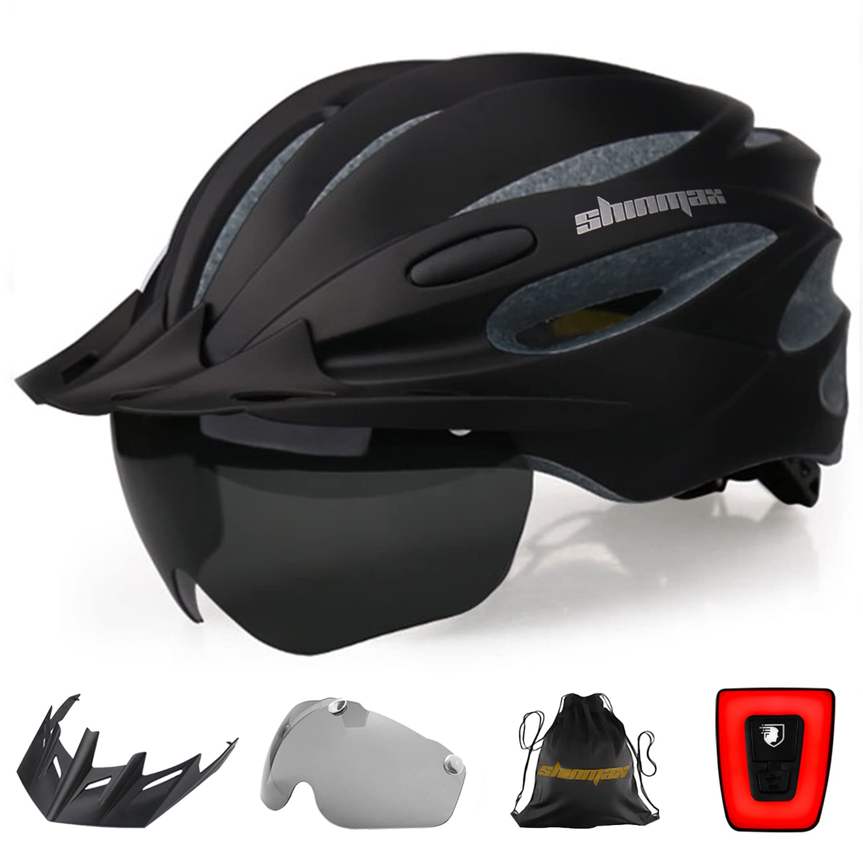 Bike Helmet, Shinmax Bicycle Helmet with USB Charging Light&Detachable Magnetic Goggles&Removable Sun Visor&Portable Bag Adjustable Cycling Helmet