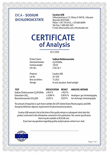 DCA - Sodium Dichloroacetate 333mg - Purity >99.9%, Made in Europe, by DCA-LAB, Certificate of Analysis Included, Tested in a Certified Laboratory, 90 Capsules