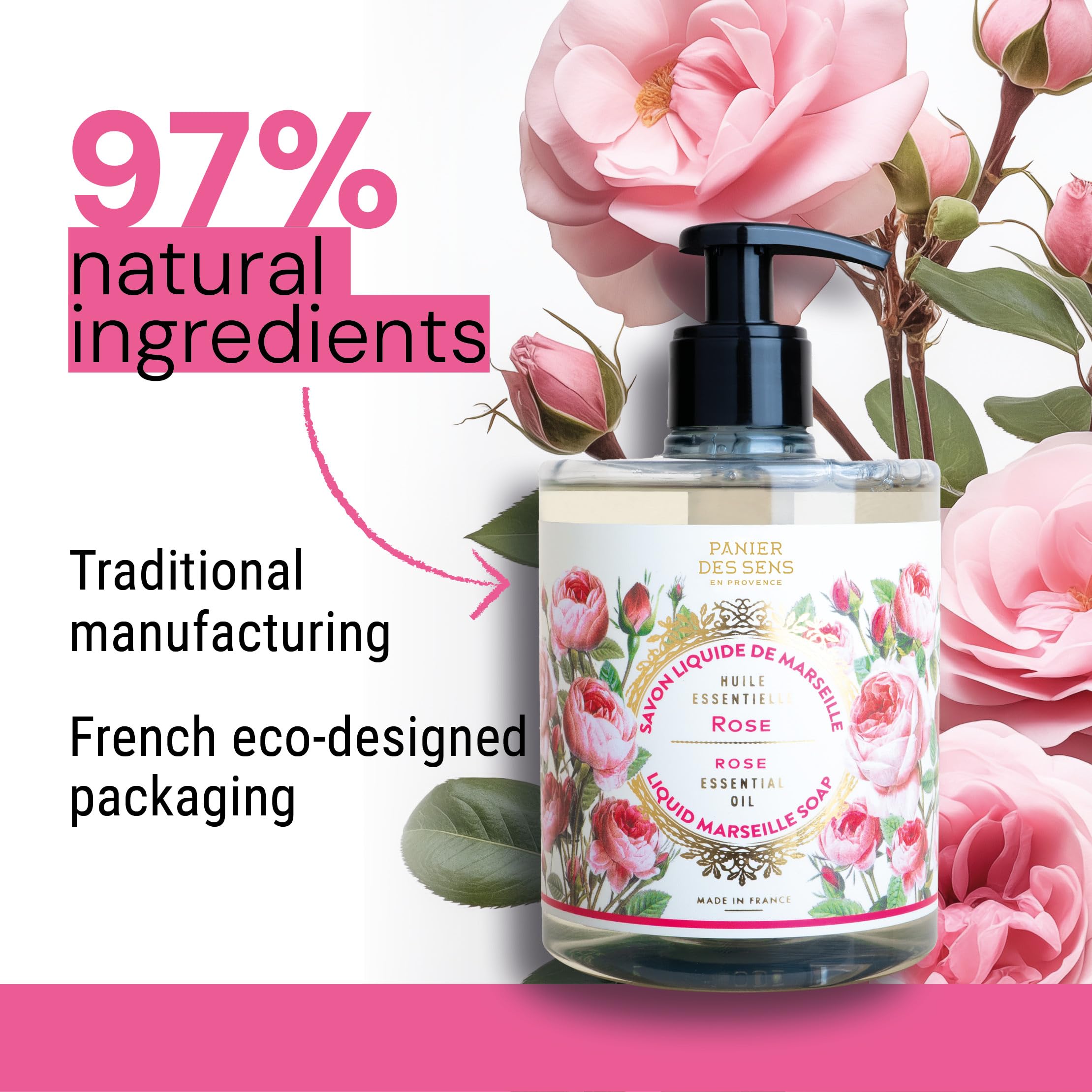 Panier des Sens - Liquid Hand Soap - Rose Hand Wash - French Marseille Moisturizing Hand Soap with Coconut Oil - Refillable Kitchen & Bathroom Hand Soap - 97% Natural Ingredients -16.9 Fl.oz