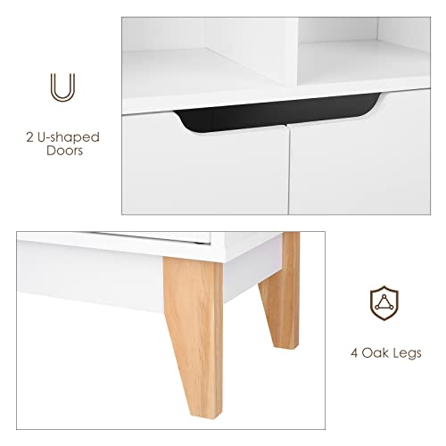 FOTOSOK Modern Bookcase with Doors, 3-Tier Tall Bookshelf Storage Cabinet with 6 Cubes and 4 Pine Legs, Freestanding Standard Display Book Shelves for Living Room Bathroom Home Office, White