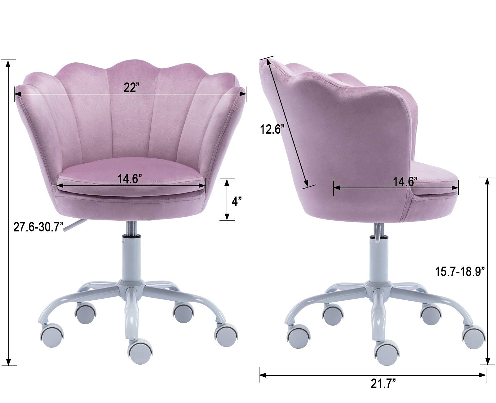 DM Kids Desk Chair Ergonomic Reading Study Computer Chair for Students Cute Modern Upholstered Velvet Swivel Rolling Arm Chair for Girls Bedroom, Seashell Back Adjustable Vanity Chair (Purple)