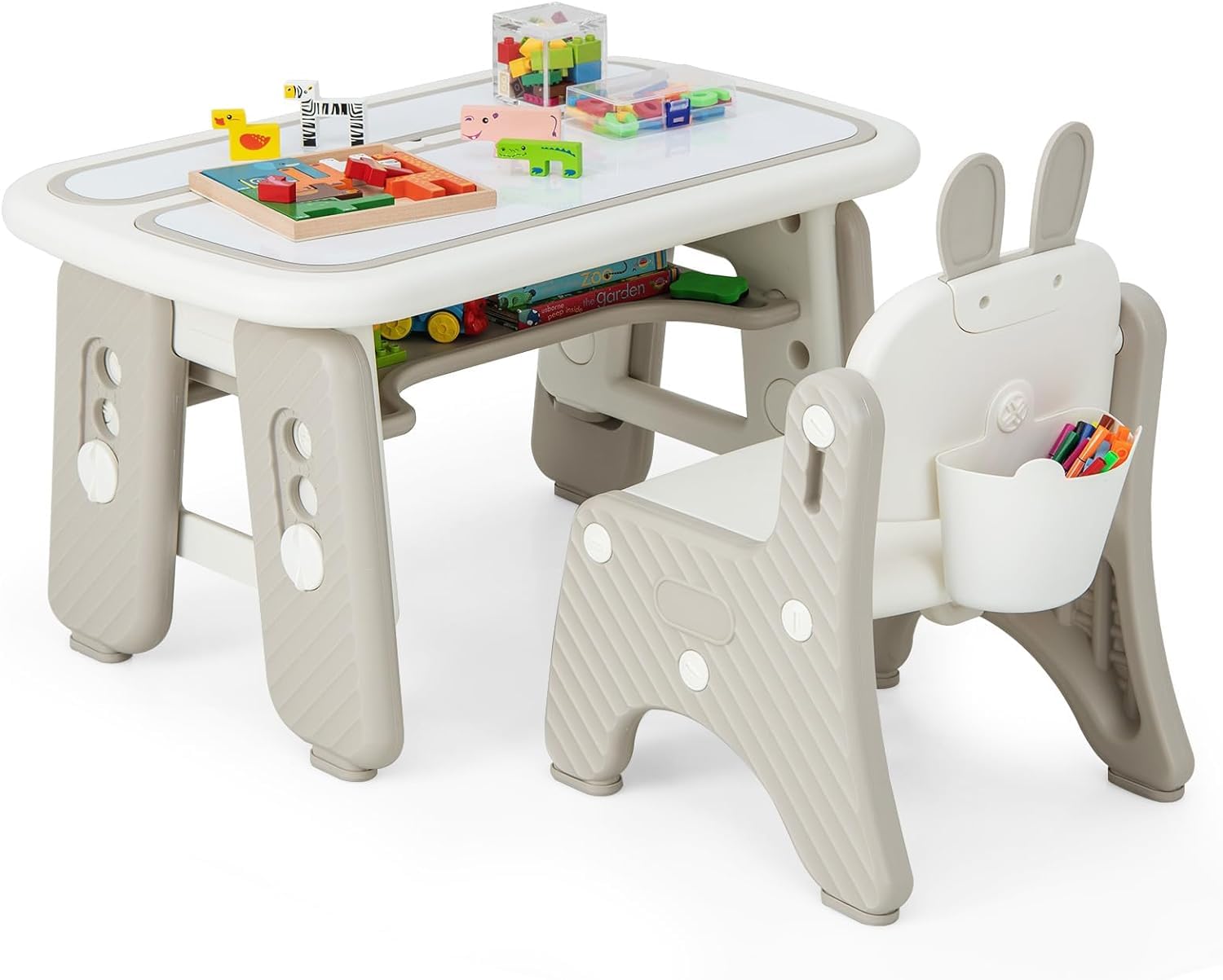 Costzon Kids Table and Chair Set, Graffiti Activity Table w/Flip-Top Tabletop Bookshelf, Erasable Magnetic Drawing Board, Storage, Adjustable Height for Drawing, Toddlers Art Table & Chair (Gray)