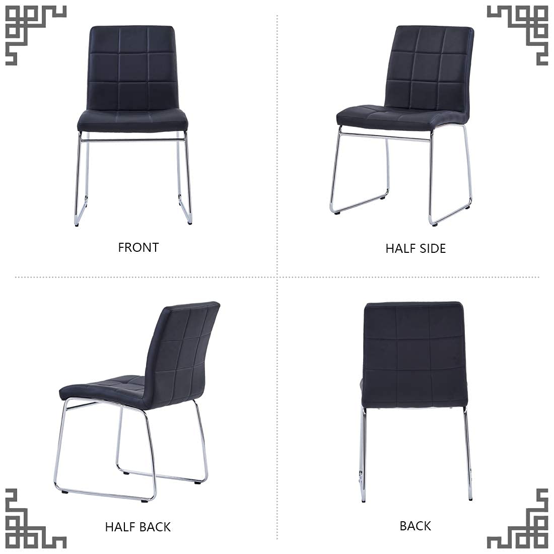 Black Dining Room Chairs Set of 2, Modern Accent Kitchen Chairs with Faux Leather Soft Padded Back in Checkered Pattern and Chrome Legs, Comfortable Side Chair for Indoor Use:Living Room Waiting Room
