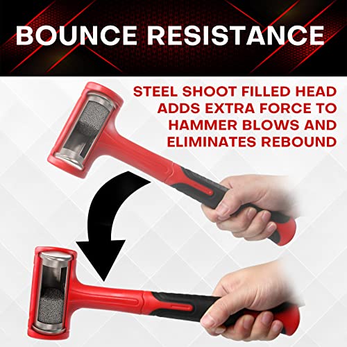 YIYITOOLS 2Pcs Dead Blow Hammer Set,16oz(1LB)Ball Pein Hammer,27oz(1.5LB)Dead Blow Hammer,Red and Black, Shockproof Design, No Rebound Mallet Unibody Molded Checkered Grip Spark and Rebound Resistant