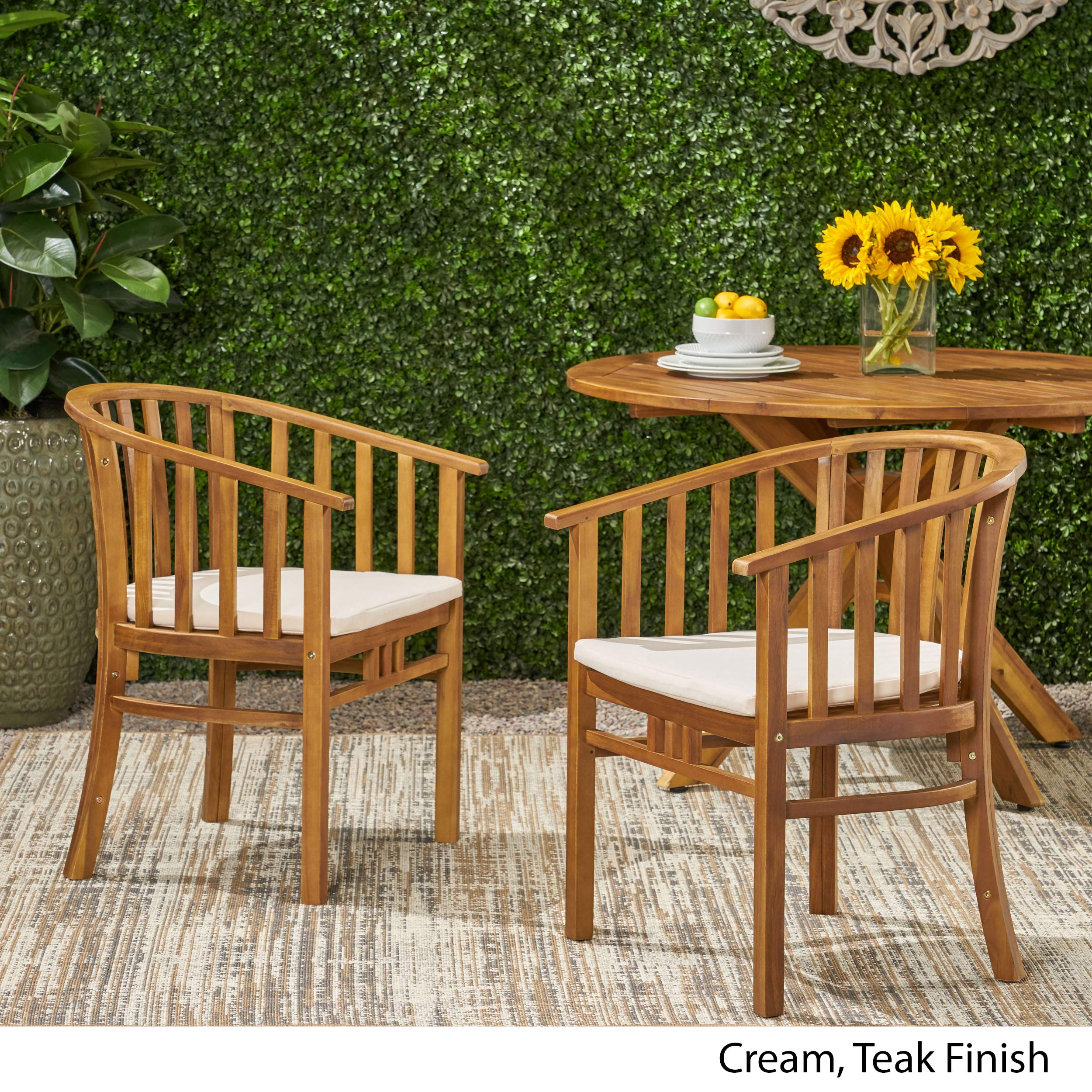 GDFStudio Outdoor Wooden Dining Chairs with Cushions (Set of 2), Cream and Finish