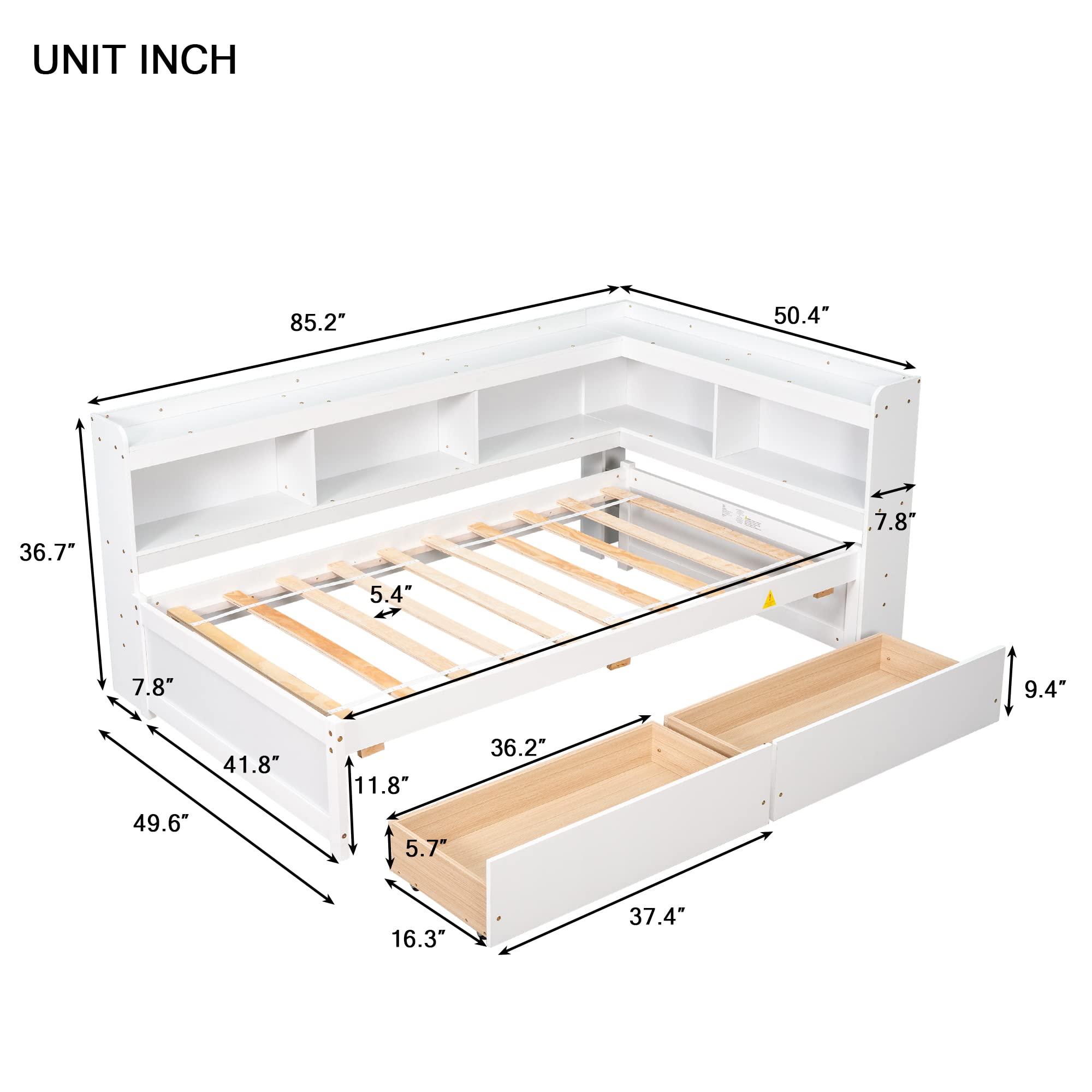 DNChuan L-Shaped Twin Size Daybed with Bookcase Headboard,Captains Corner Bed with Storage Drawers,Wooden Slat Support No Box Spring Needed,White