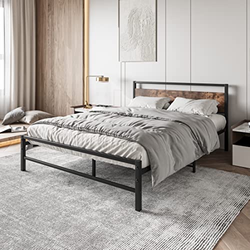 FOUBAM Queen Bed Frame with Wood Headboard,Heavy Duty Platform Bed Frames with Storage No Box Spring Needed,Reinforced Steel Square Pipe Mattress Foundation Noise Free,Black and Rustic Brown