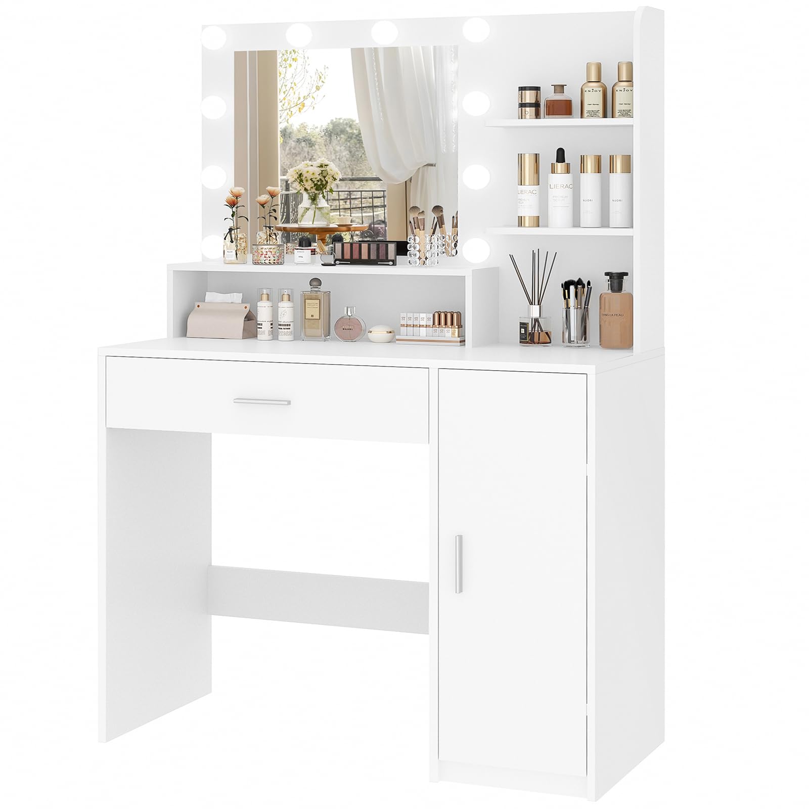 FIONESO Vanity Desk with 10 Lights & Mirror, 3 Storage Shelf, Big Drawer, Cabinet with Shelves, 3 Lighting Modes & Adjustable Brightness Dressing Table, Small Makeup Vanity, 35.4β Desk,Black