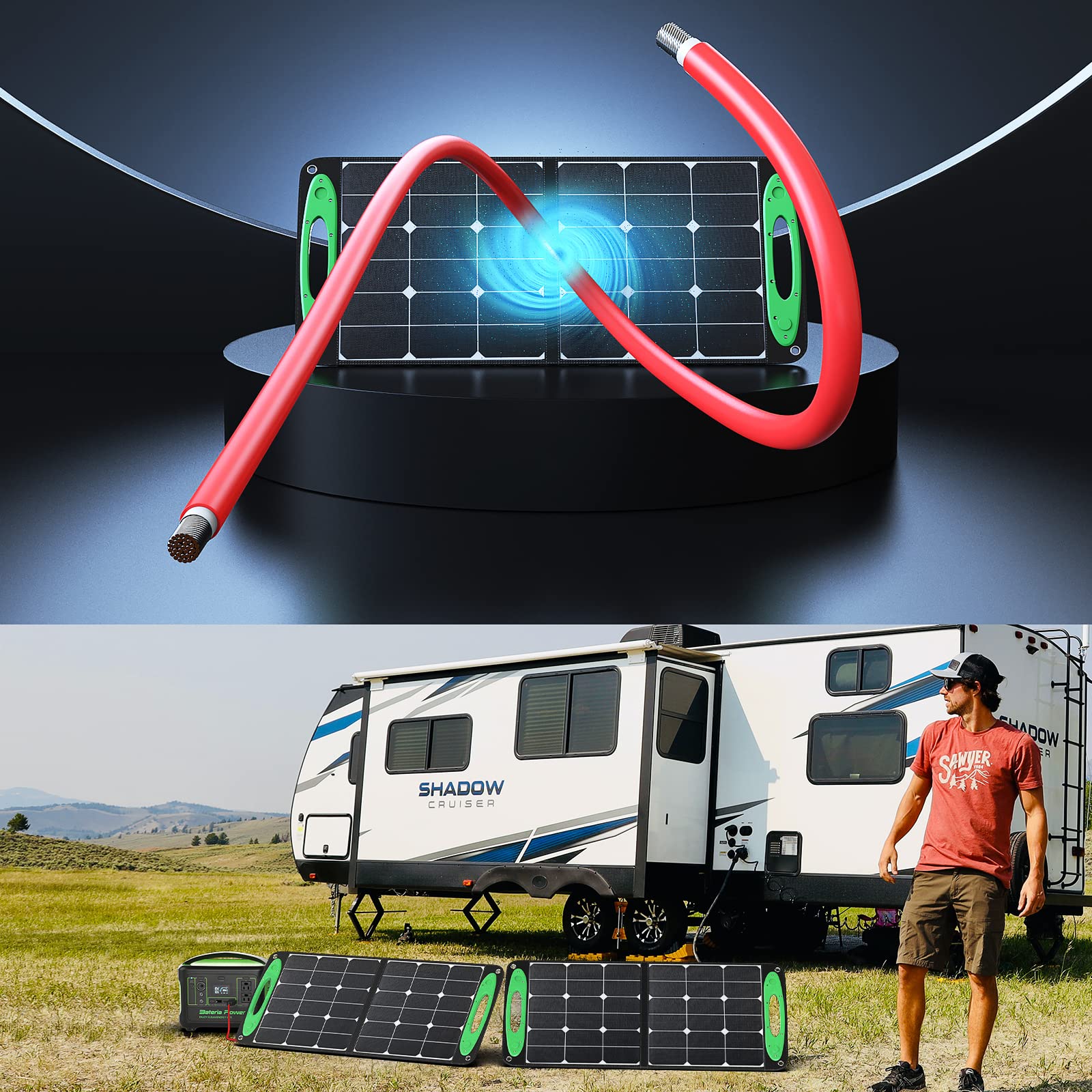 Bateria Power Solar Panel Cable 100FT Red and Black, 2Pack Solar Extension Cable, 10AWG (6mm²) Tinned Copper Wire for Outdoor Automotive RV Boat Marine Solar Panel- Black