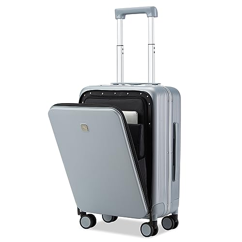 Hanke 20 Inch Carry On Luggage with Front Pocket Aluminum Frame (Can Not Open in The Middle) Hard Shell Suitcases with Wheels Rolling Luggage Suitcase with Lock Travel Luggage for Weekender- Grey