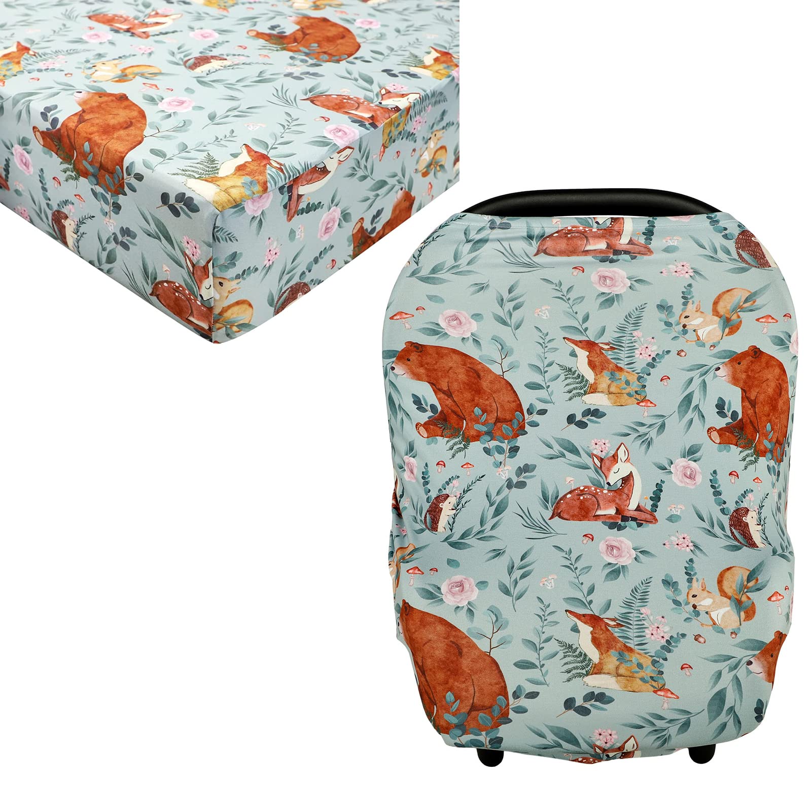 Crib Sheet & Car Seat Cover, Multi-use Nursing Cover for Breastfeeding, Woodland Animals Bear