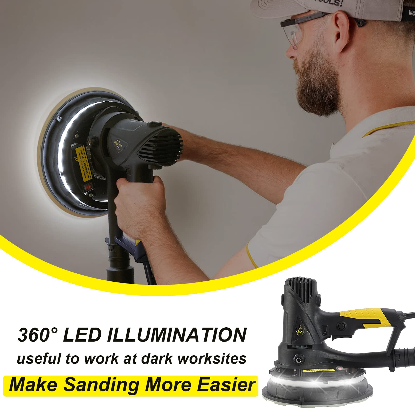 CUBEWAY Drywall Sander, Handheld Electric Drywall Sander with Vacuum Attachment and Variable Speed, Sheetrock Sander Machine with LED Light 10pcs Sanding Discs and 26FT Power Cord