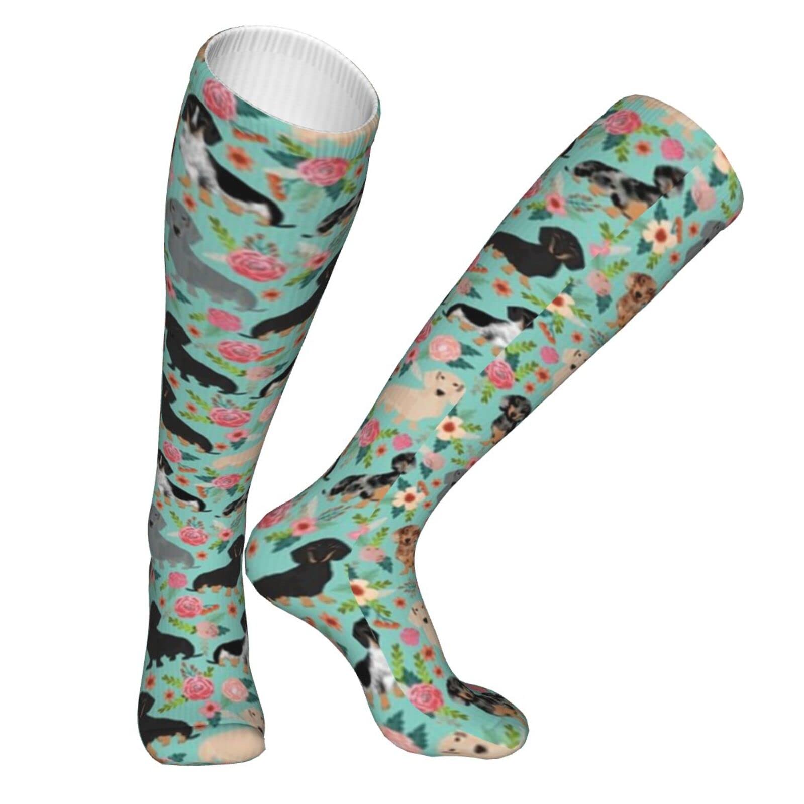 chegna Dachshunds Florals Compression Socks for Women & Men Circulation 15-20 mmHg is Best Support for Athletic Running Cycling, White, 10463